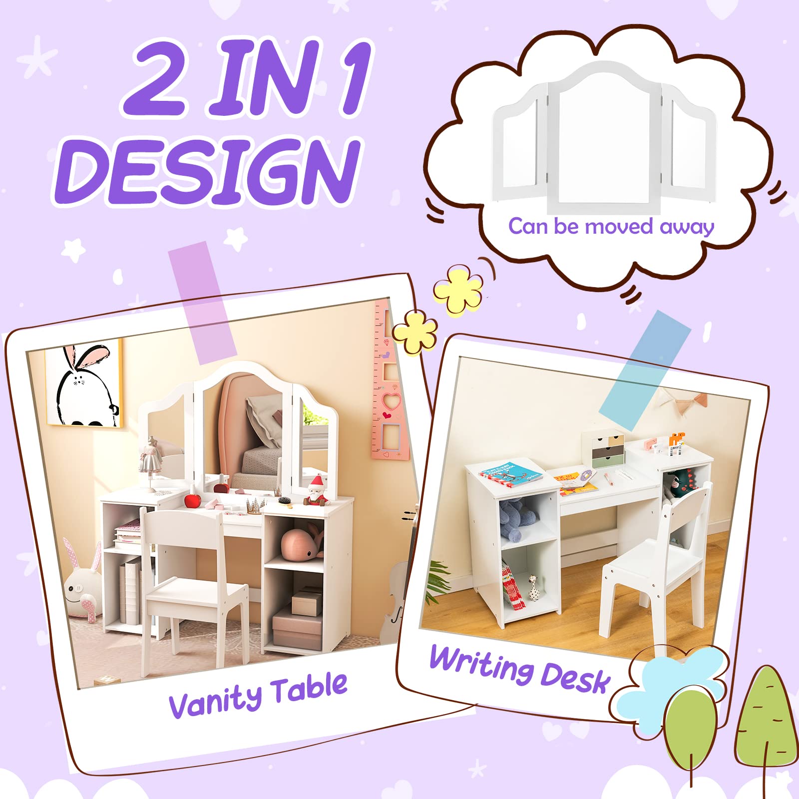 KOTEK Kids Vanity Table and Chair Set, 2 in 1 Wooden Princess Dressing Desk with Detachable Tri-Folding Mirror & Storage Shelves, Girls Pretend Play Beauty Makeup Vanity for Bedroom (White)