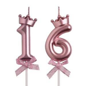 aoolada 16th birthday candles, rose gold 3d number 16 happy birthday candle with crown, cake topper decorations for teenagers boys girls