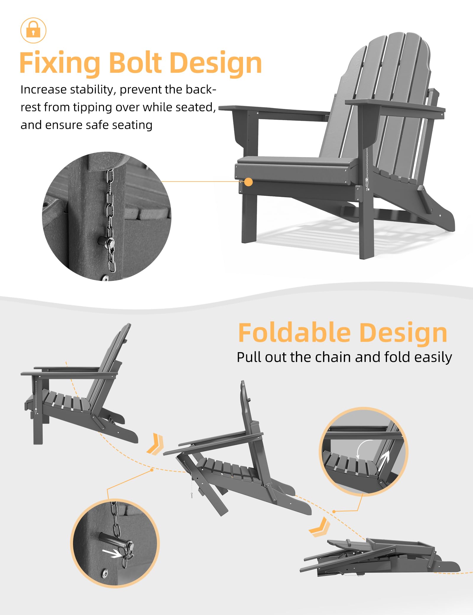 Folding Adirondack Chair - Durable HDPE Poly Lumber All-Weather Resistant, Foldable Oversized Balcony Porch Patio Outdoor Chair for Lawn, Backyard, Deck, Garden, Camping - Easy Installation, Gray