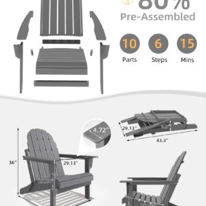 Folding Adirondack Chair - Durable HDPE Poly Lumber All-Weather Resistant, Foldable Oversized Balcony Porch Patio Outdoor Chair for Lawn, Backyard, Deck, Garden, Camping - Easy Installation, Gray