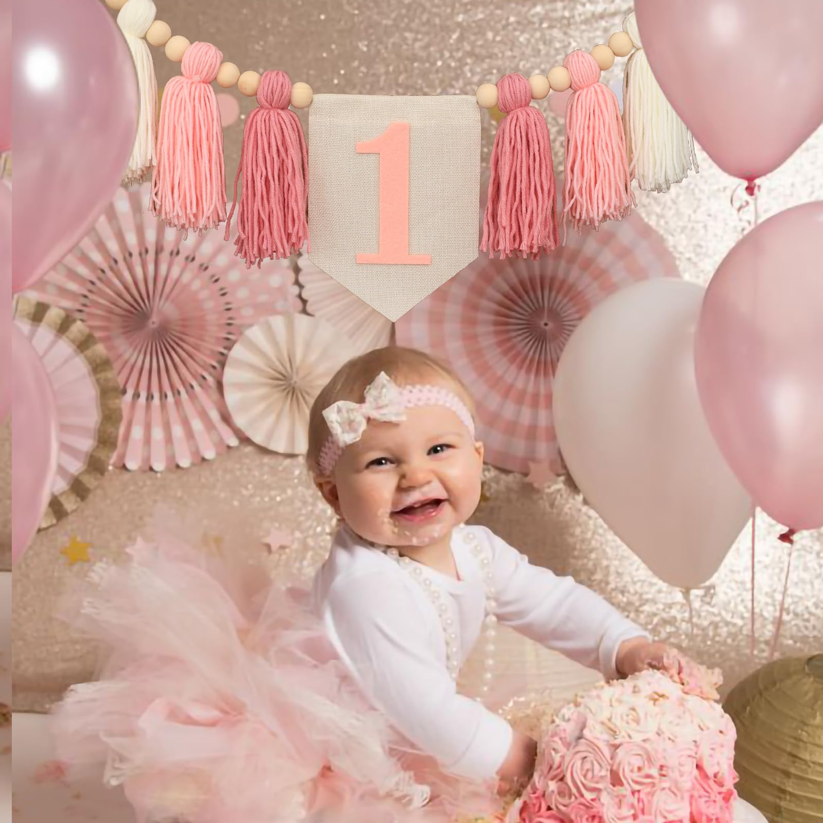 Handmade Boho 1st Birthday High Chair Banner Party Decoration for Girl Baby Shower Pink Wall Hangings Decorative for Kids Bedroom