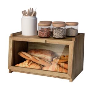 acacia wood bread box for kitchen countertop, large wooden bread storage container, with clear window back air vent and anti-falling design, bread boxes for keeping food fresh in home and kitchen