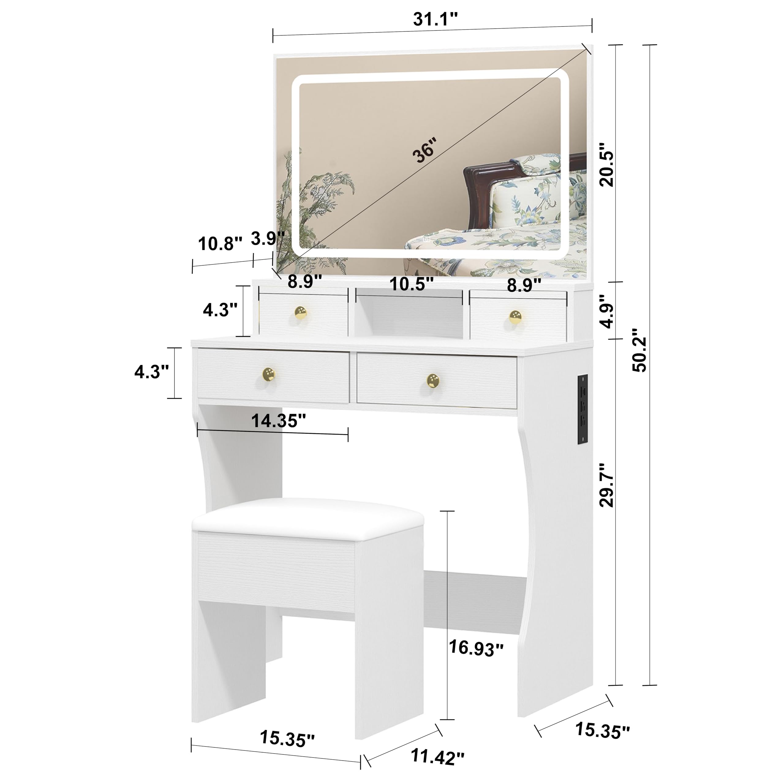 Vanity Desk Set with Adjustable LED Lighted Mirror, Girls Makeup Dressing Table with Stool and 4 Drawers Storage Makeup Table with Power Outlet for Bedroom (White)