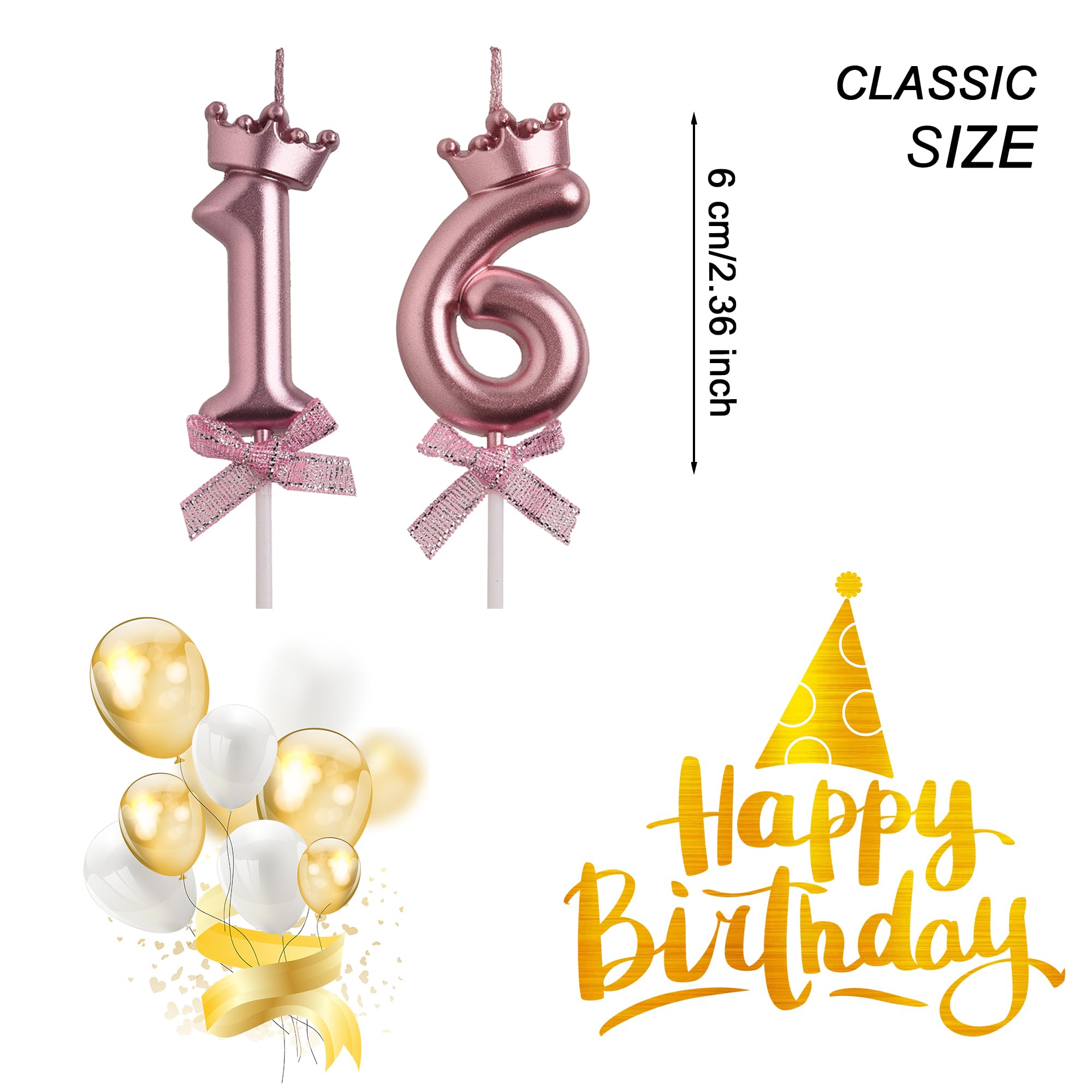 AOOLADA 16th Birthday Candles, Rose Gold 3D Number 16 Happy Birthday Candle with Crown, Cake Topper Decorations for Teenagers Boys Girls