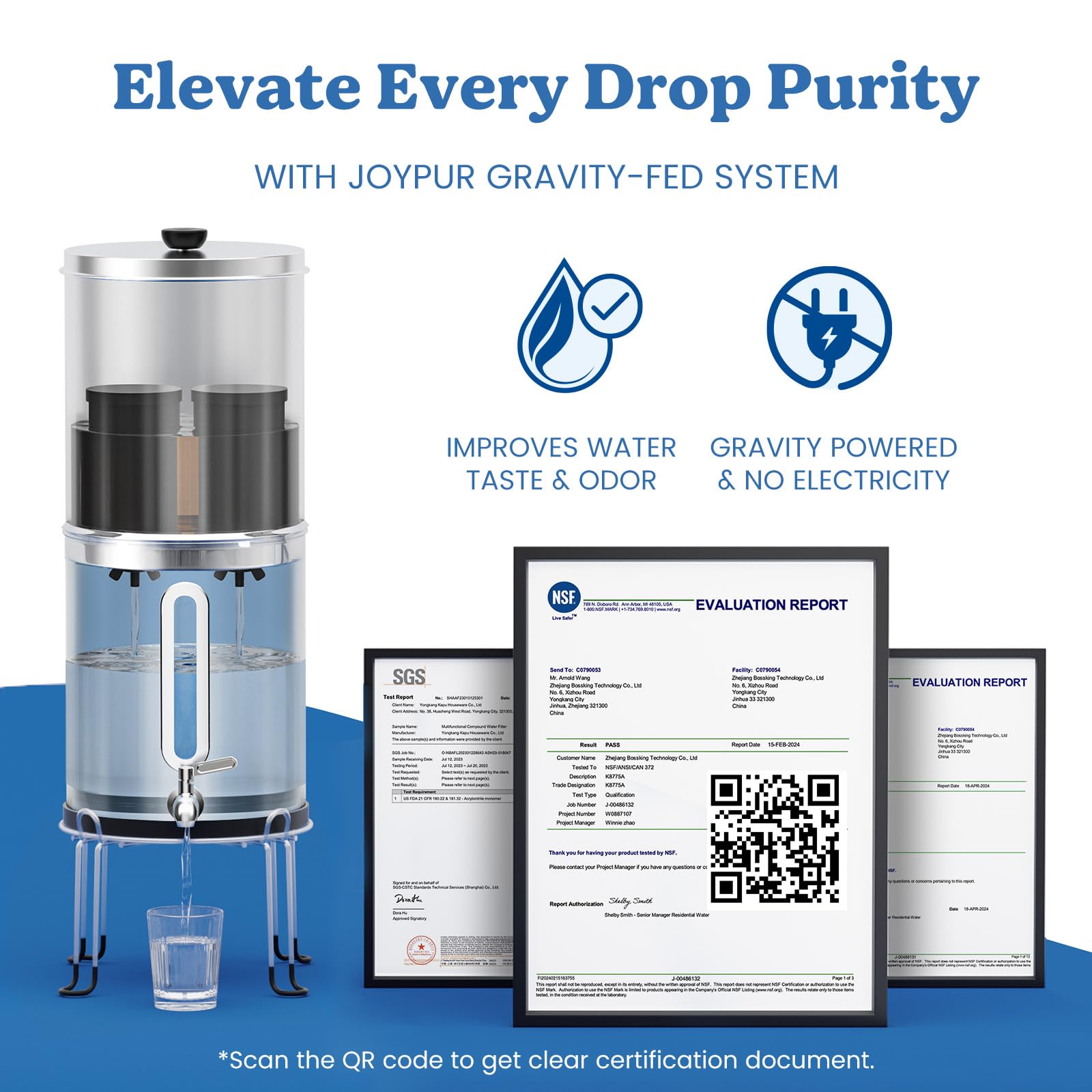 2.25G Gravity Water Filtration System - Water Level Window, NSF/ANSI 42&372 Certification,18/8 Stainless Steel Countertop Water Filter System - Reduce Up to 99.9% Chlorine, for Home, RVing