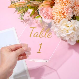 Zhanmai 30 Pcs Acrylic Table Numbers 1-30 for Wedding Table Numbers Hexagon Table Number Signs 5.5 x 5 Inch Clear Place Cards with Stand for Wedding Reception Events Party Restaurant (Gold Letter)