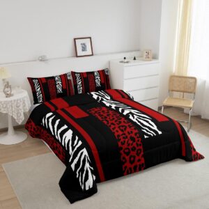 Leopard Print Comforter Set Queen Size,Zebra Skin Stripes Rustic Farmhouse Bedding Set,Girls Women Room Decor,Geometric Square Patchwork Down Comforter,Red Black Fashion Duvet Insert,2 Pillowcases