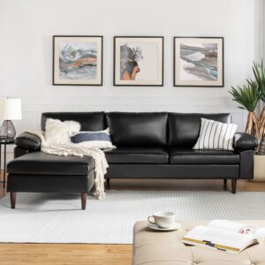 hulala home 108" l shaped faux leather couch, 3 seater chaise lounge sofa with comfy pillow-designed armrest&backrest, mid century modern sofa couch for living room, black