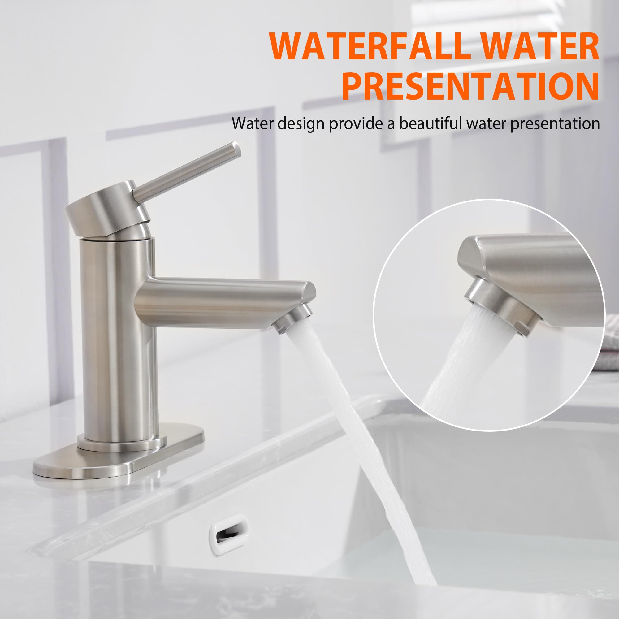 Brushed Nickel Bathroom Sink Faucets Single Hole Single Handle Stainless Steel Bathroom Faucet RV Faucet Deck Mount 1 Hole or 3 Holes with Pop-up Drains