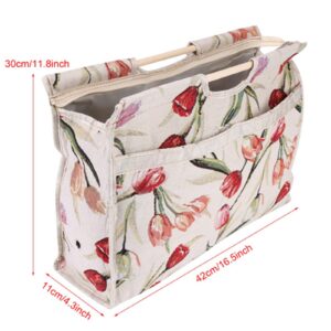 Knitting Needle Storage Bag, Exquisite Wood Handle Fabric Storage Bag Household Yarn Organizer Bag Yarn Storage Tote Organizer for Knitting Needles Sewing Tools (Rose Jacquard)