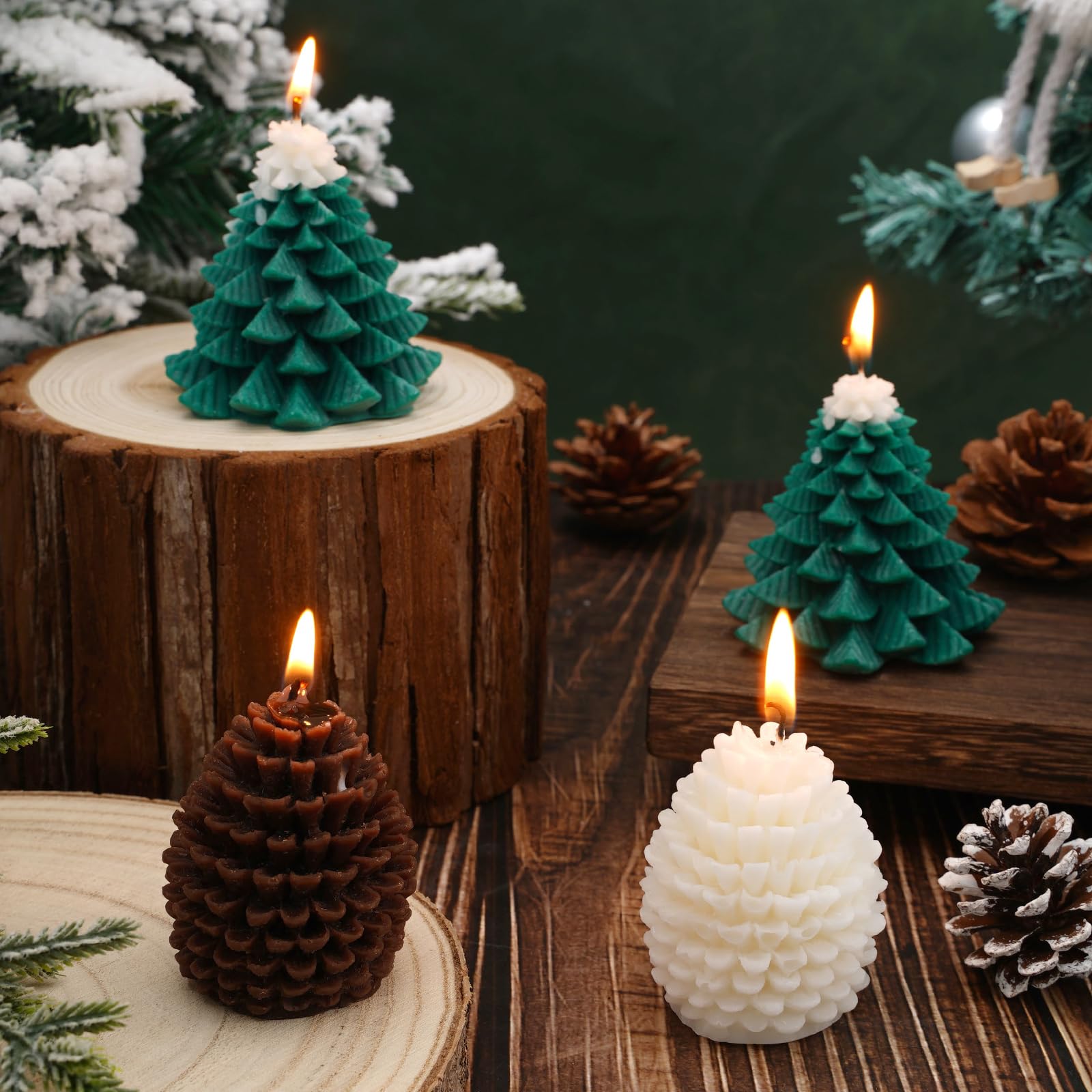 Whaline 4Pcs Christmas Tree Pinecone Shaped Candle Set White Brown Green Xmas Wax Scented Candles for Winter Holiday Party New Year Room Table Decor Gifts Supplies