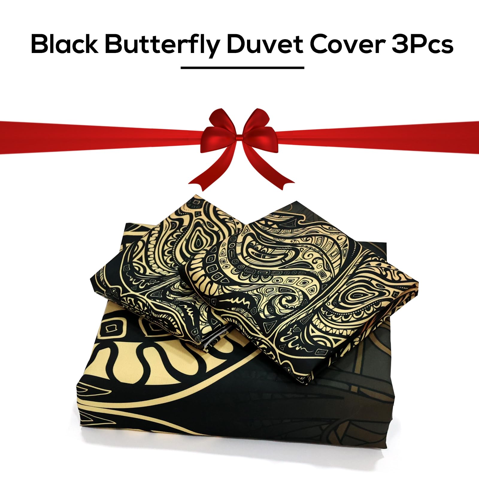 Zhh Duvet Cover Queen Bedding 3 of Set - 3D Digital Butterfly Quilt Cover with 4 Corner Belts, Soft Breathable, Black