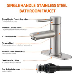 Brushed Nickel Bathroom Sink Faucets Single Hole Single Handle Stainless Steel Bathroom Faucet RV Faucet Deck Mount 1 Hole or 3 Holes with Pop-up Drains