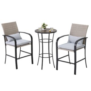 apepro outdoor bar table set for 2,patio bar height table and chairs set with soft cushions and steel frame,grey