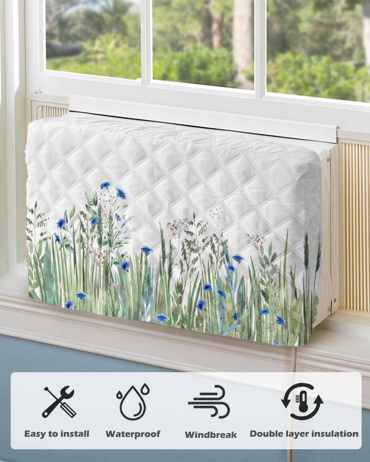 Leaves Plants Indoor Air Conditioner Cover for Window Units, Double Insulation Adjustable Waterproof Indoor AC Cover with Elastic Straps Wildflower Botanical Flower Blue Green 25'' x 18'' x 3.5''