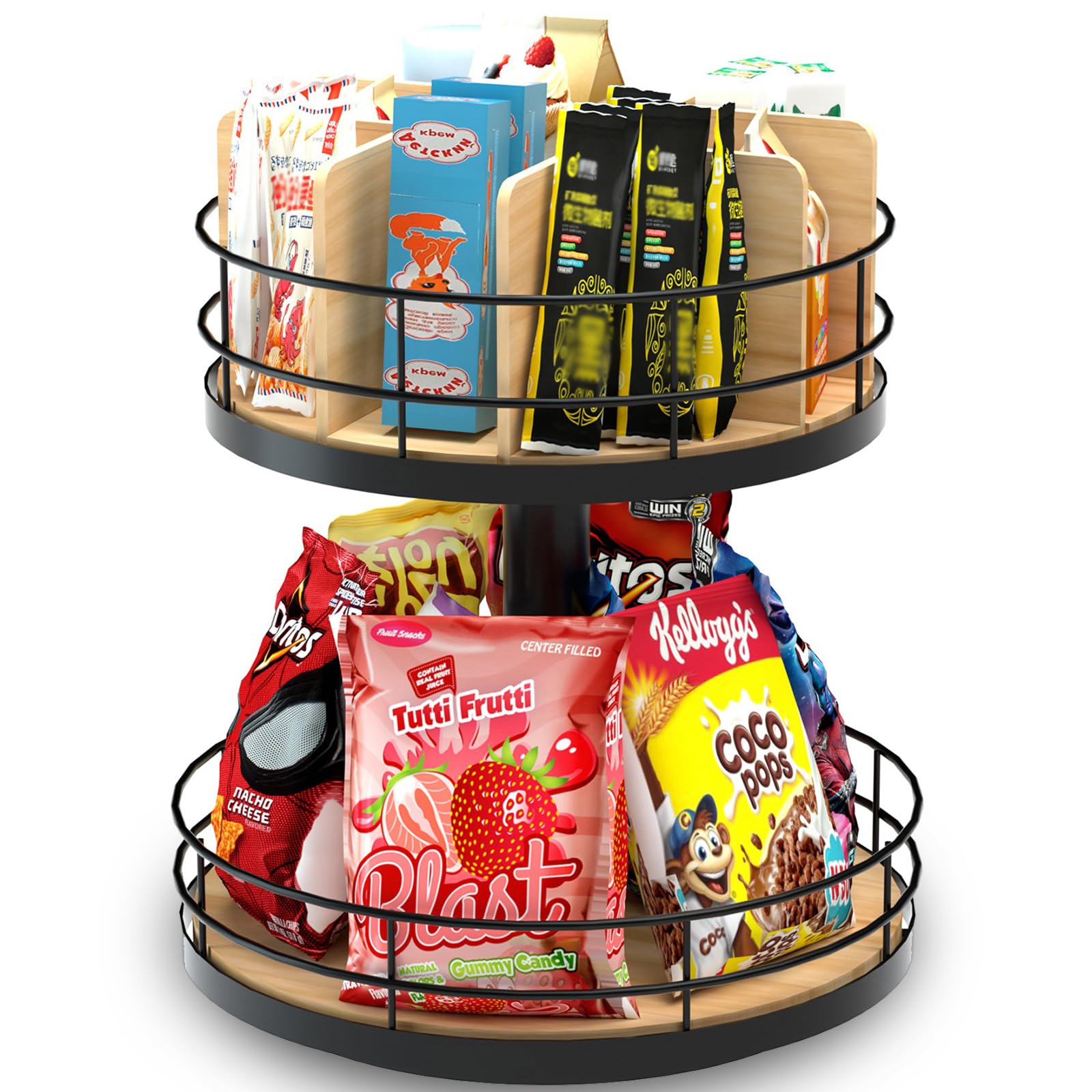 NANAGIFTREE Snack Organizer - Versatile Snack Storage 2 Tier Lazy Susan with Convenient Grab-and-Go Design, Wood and Metal Snack Holder for Home, Office, Breakroom, 12.13" L x 12.13" W x 12.56" H