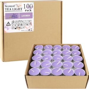 Howemon Purple Lavender Scented Tealight Candles - 4 Hours - Giant 100 Bulk Packs - Smokeless Tea Lights for Valentine's Day, Weddings,Christmas, Home Decorative