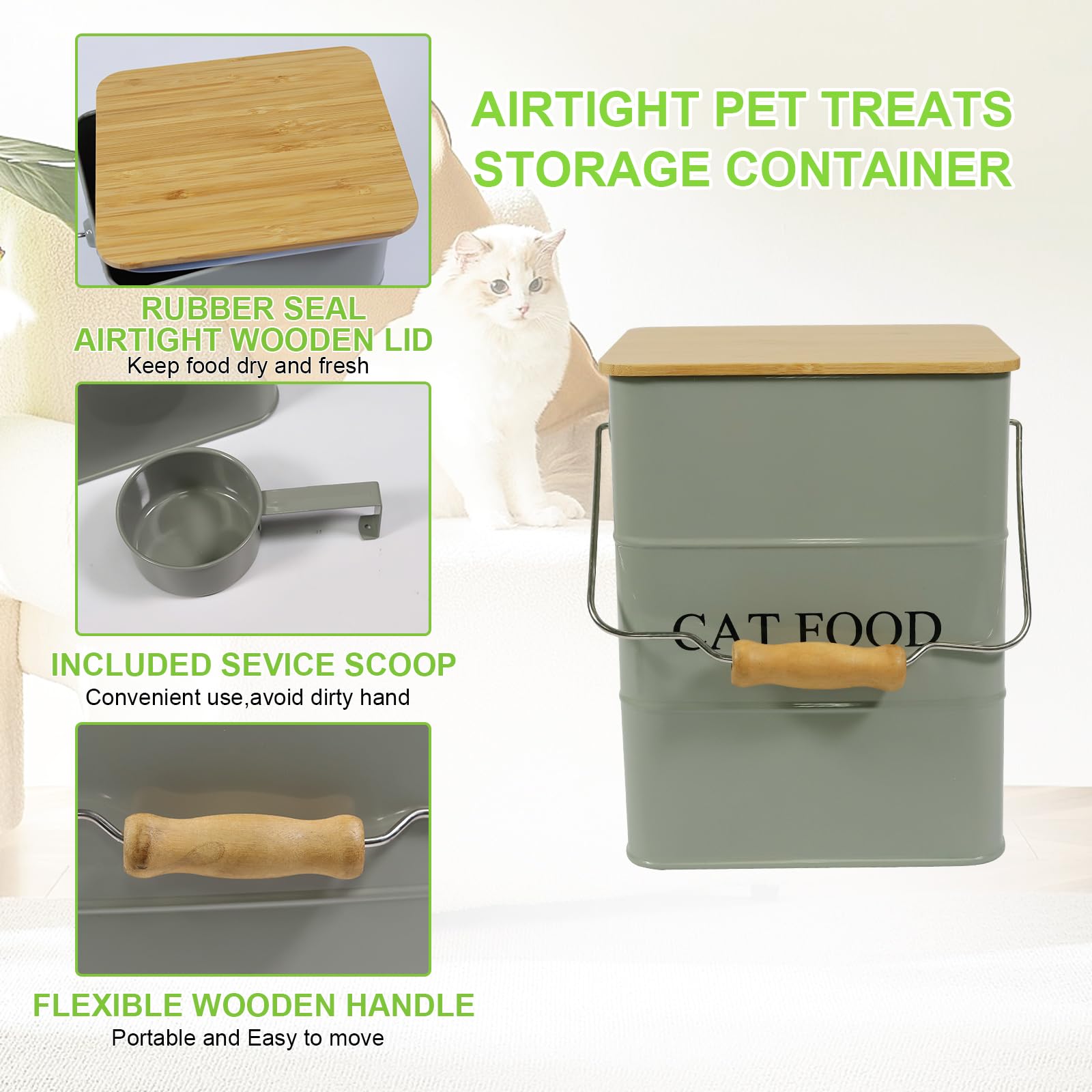 Brabtod Cat Food storage container Cat Treats Jar, Metal food treats tin for Cat, pet snacks Canisters with wooden lid/handle/sevice scoop,hold 5-6 lbs-Green