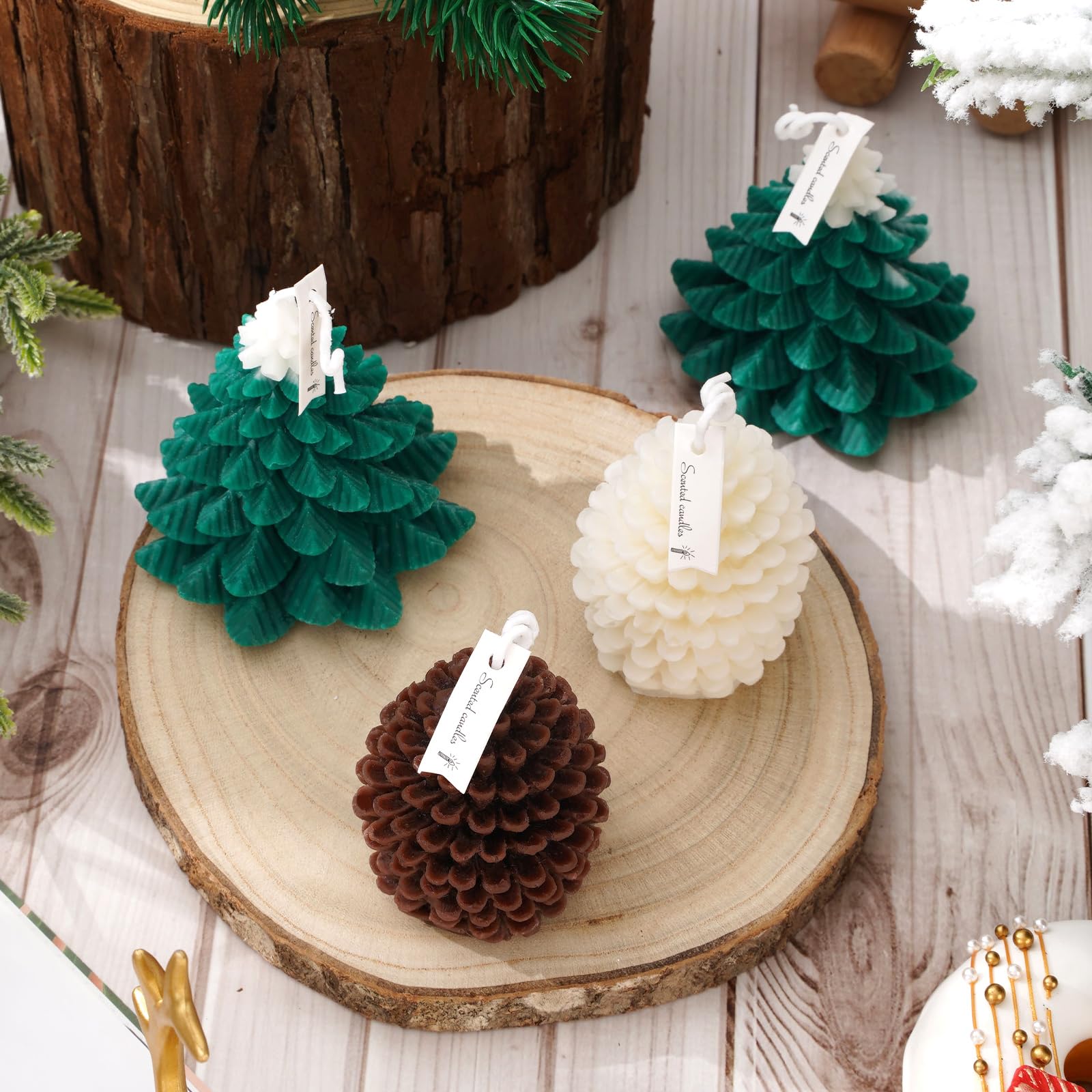 Whaline 4Pcs Christmas Tree Pinecone Shaped Candle Set White Brown Green Xmas Wax Scented Candles for Winter Holiday Party New Year Room Table Decor Gifts Supplies