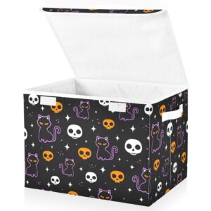 senya halloween storage baskets collapsible storage bins with lids, halloween colored skulls black cat storage boxes clothes baskets for organizing, b06d22020