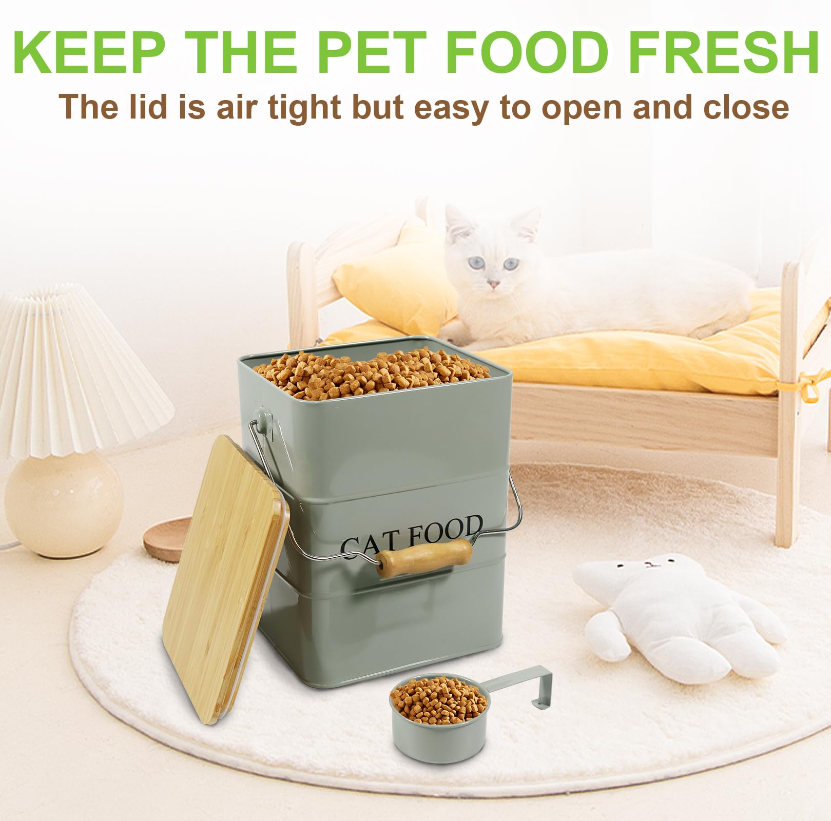 Brabtod Cat Food storage container Cat Treats Jar, Metal food treats tin for Cat, pet snacks Canisters with wooden lid/handle/sevice scoop,hold 5-6 lbs-Green