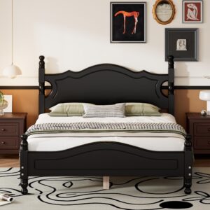 harper & bright designs full size platform bed with headboard, retro style full size bed frame, full wood bed frame with slat support for bedroom, no box spring needed (black)