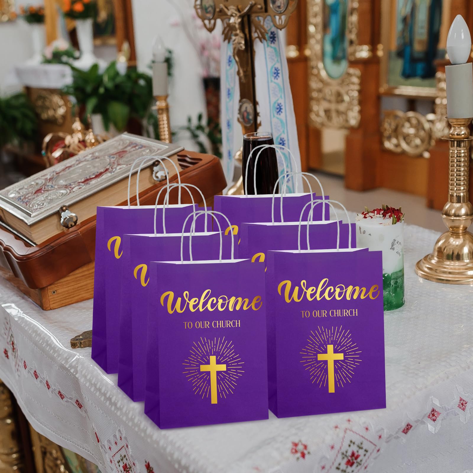 Chuangdi 50 Pcs Church Welcome Gift Bags Christmas Christian Paper Bags Welcome to Our Church Bags Religious Bags with Handles for Church Guest Baptism Birthday Church Party,5.9 x 3.15 x 8.27 Inch(Purple)