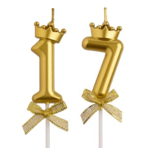 aoolada 17th birthday candles, gold 3d number 17 happy birthday candle with crown, cake topper decorations for teenagers boys girls