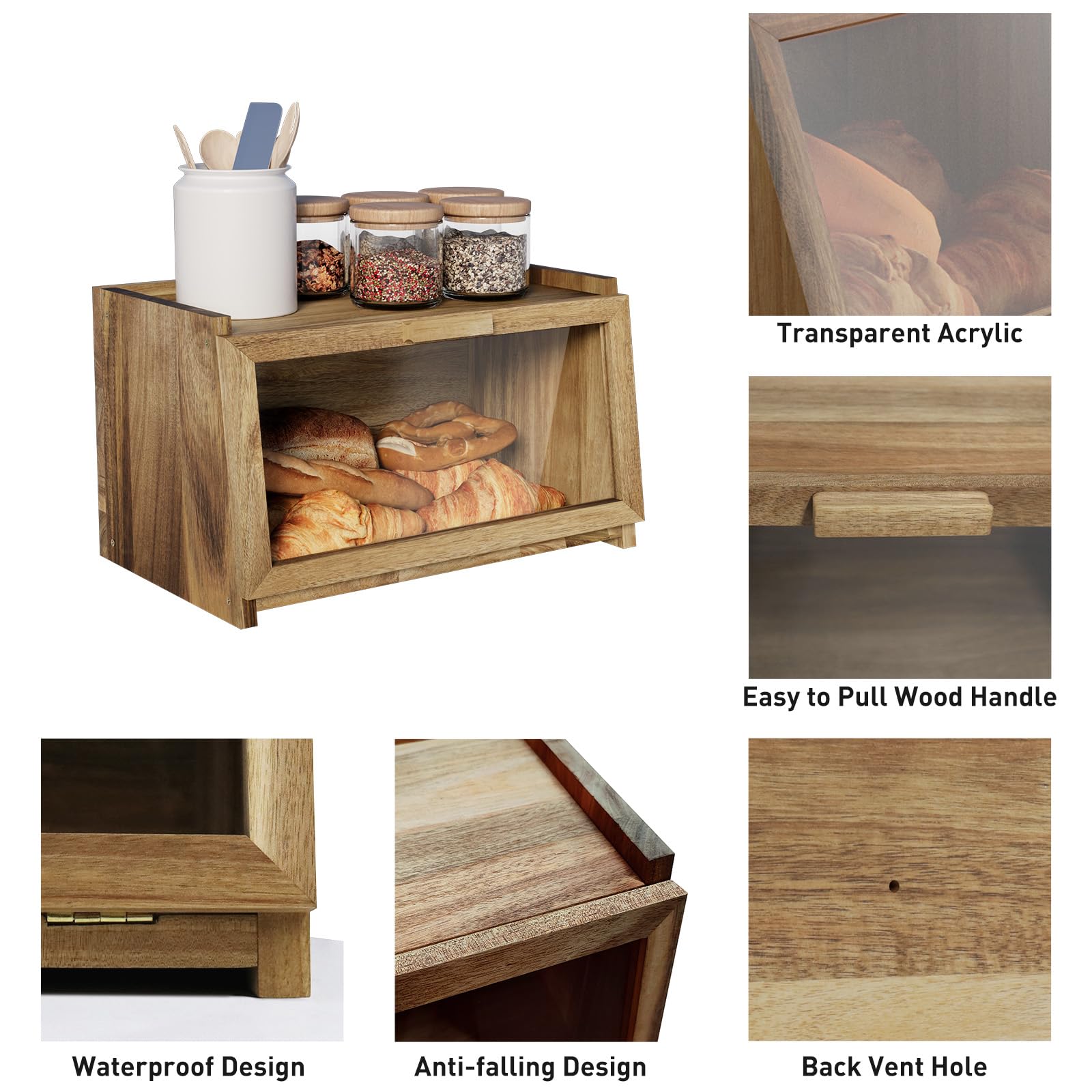 Acacia Wood Bread Box for Kitchen Countertop, Large Wooden Bread Storage Container, with Clear Window Back Air Vent and Anti-falling Design, Bread Boxes for Keeping Food Fresh in Home and Kitchen