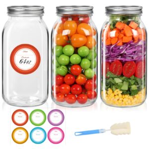 mcupper 3 pack wide mouth mason jars 64 oz, half gallon mason jars, large canning jars with lids and bands for canning & storing, labels & brusher included