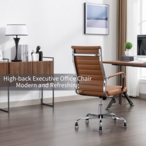 Office Desk Chair Leather, Conference Room Chairs with Wheels, Executive Modern Ergonomic Ribbed Computer Chair