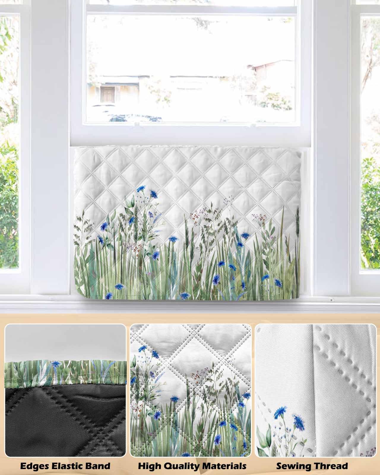 Leaves Plants Indoor Air Conditioner Cover for Window Units, Double Insulation Adjustable Waterproof Indoor AC Cover with Elastic Straps Wildflower Botanical Flower Blue Green 25'' x 18'' x 3.5''