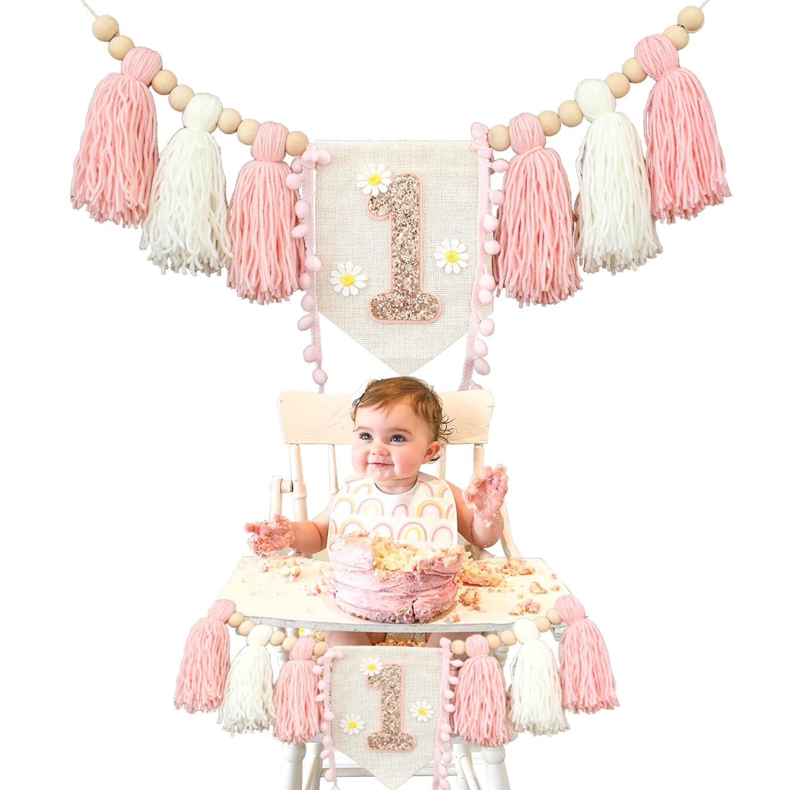 Handmade Boho 1st Birthday High Chair Banner Party Decoration For Girl Baby Shower Wall Hangings Decorative For Kids Bedroom