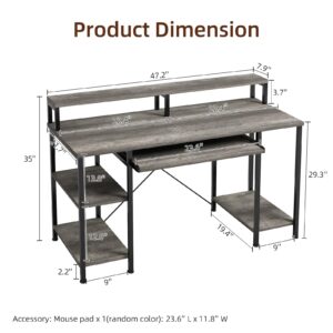 VERMESS Computer Desk- 48 Inch Home Office Desk with Keyboard Tray, 47" Gaming Desk with Full Monitor Stand & Storage Shelves & CPU Stand, Modern Study Writing Table with Shelf for Storage, Gray Oak