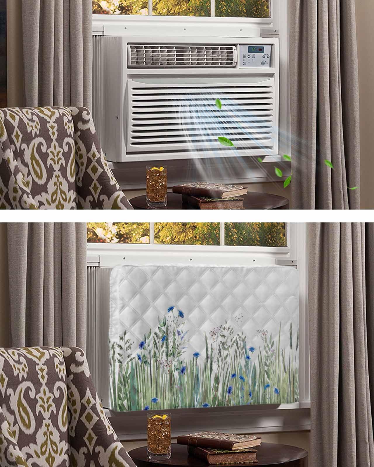 Leaves Plants Indoor Air Conditioner Cover for Window Units, Double Insulation Adjustable Waterproof Indoor AC Cover with Elastic Straps Wildflower Botanical Flower Blue Green 25'' x 18'' x 3.5''