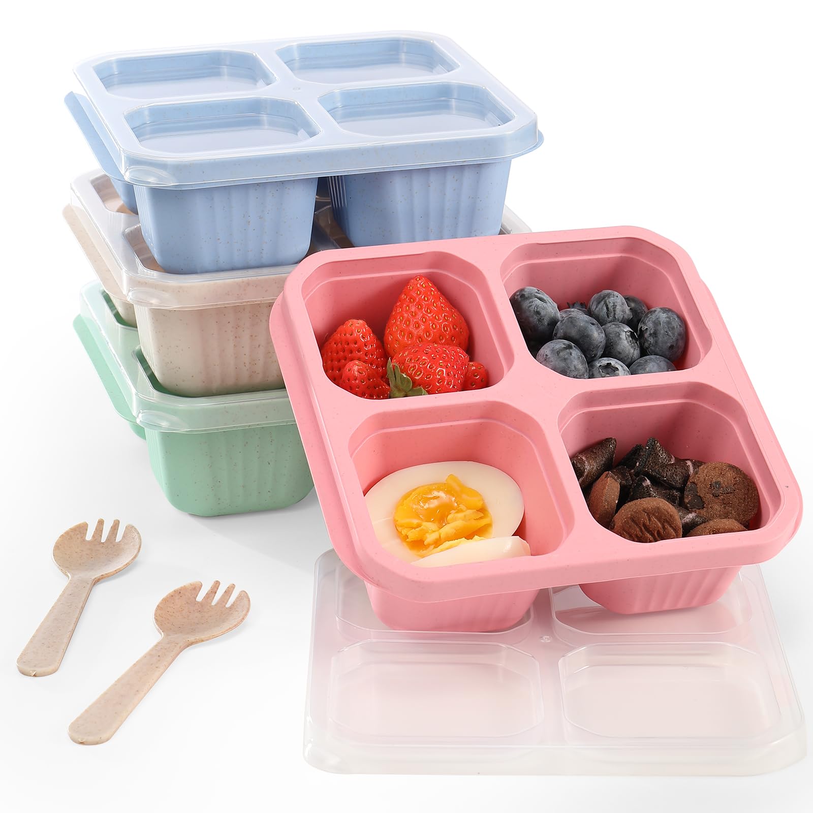 DIMBRAH Snack Containers (4 Pack),Lunch Box Containers,Reusable 4 Compartment Snack Box Container,Small Bento Box,Lunchable Containers 4 Compartments for Work and Traveling- with Forks