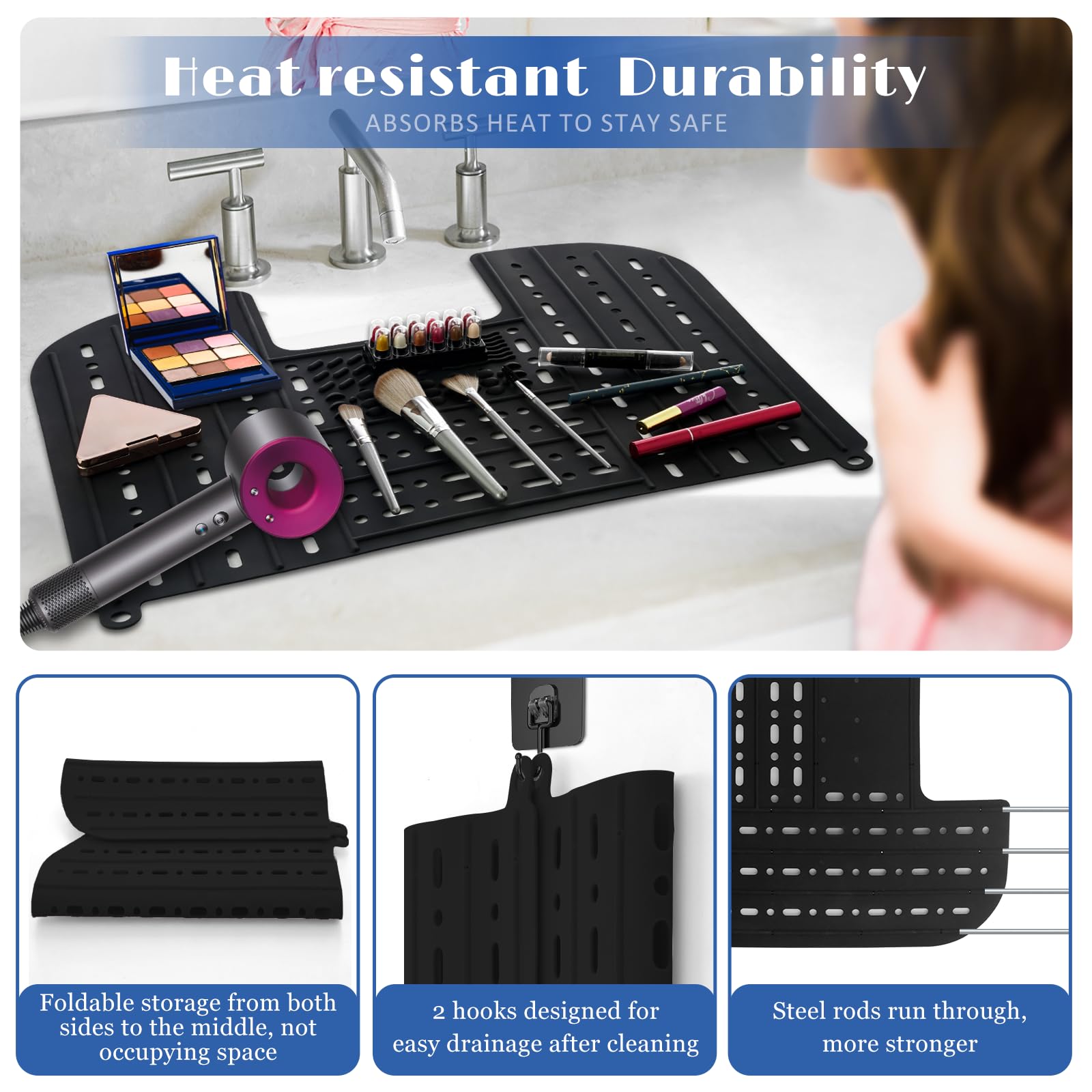 MONVIE Bathroom Sink Cover for Counter Space, Heat-Resistant Silicone Makeup Brush Cleaner Mat, Foldable Sink Covers with Hanging Loop, Space Saver Sink Organizer Mat for Bathroom-Black