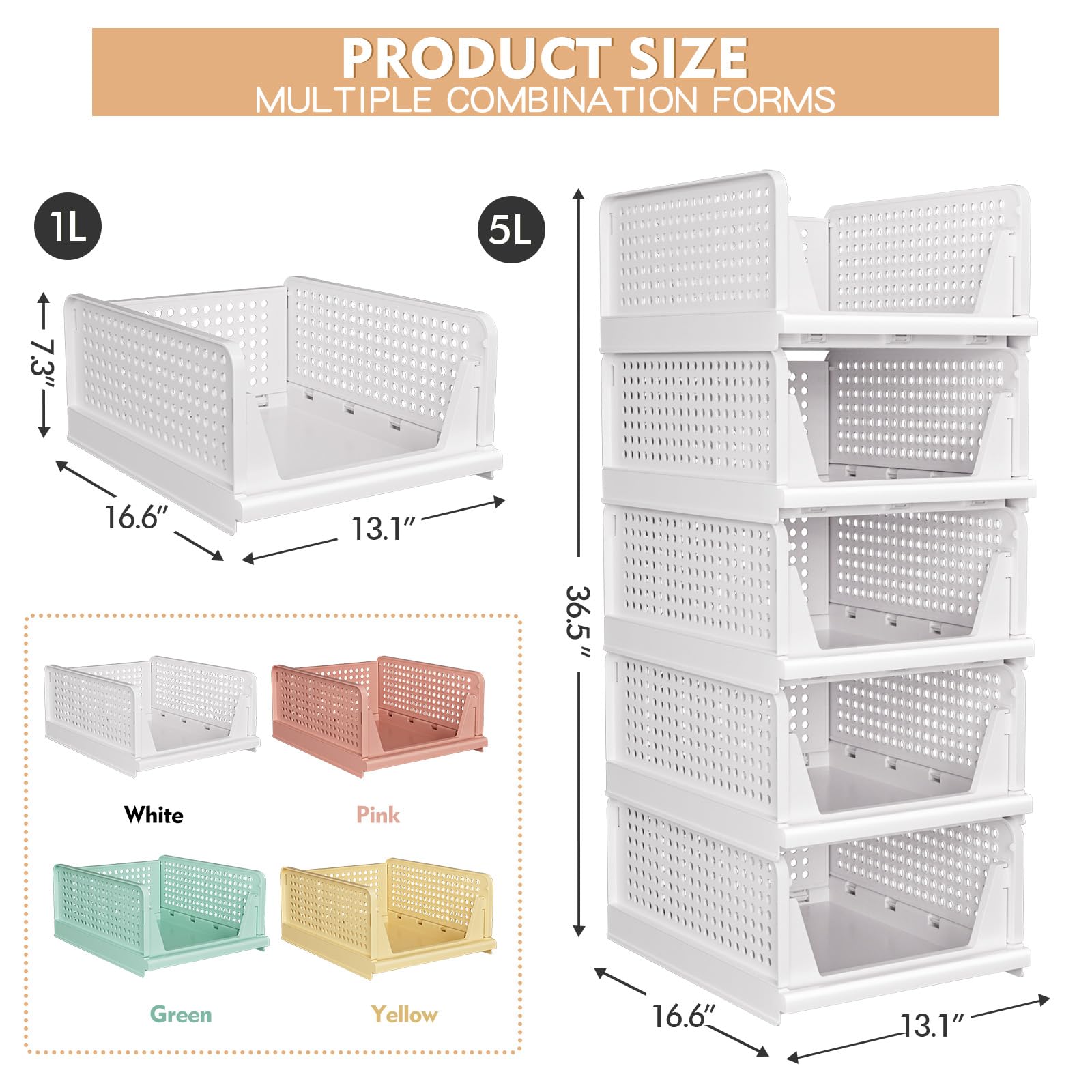 caktraie 5 Pack Folding Closet Organizers Storage Box, Stackable Plastic Storage Basket, Closet Organizers and Storage Drawer Shelf Storage, Storage Container for Cupboard Kitchen Bathroom, White