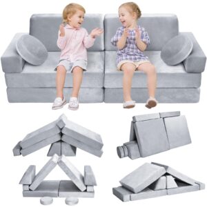 mmucco kids play couch, 10pcs toddler couch, kids sofa couch, play couch sofa playroom bedroom,modular kids couch for playing, creativing, sleeping (grey)