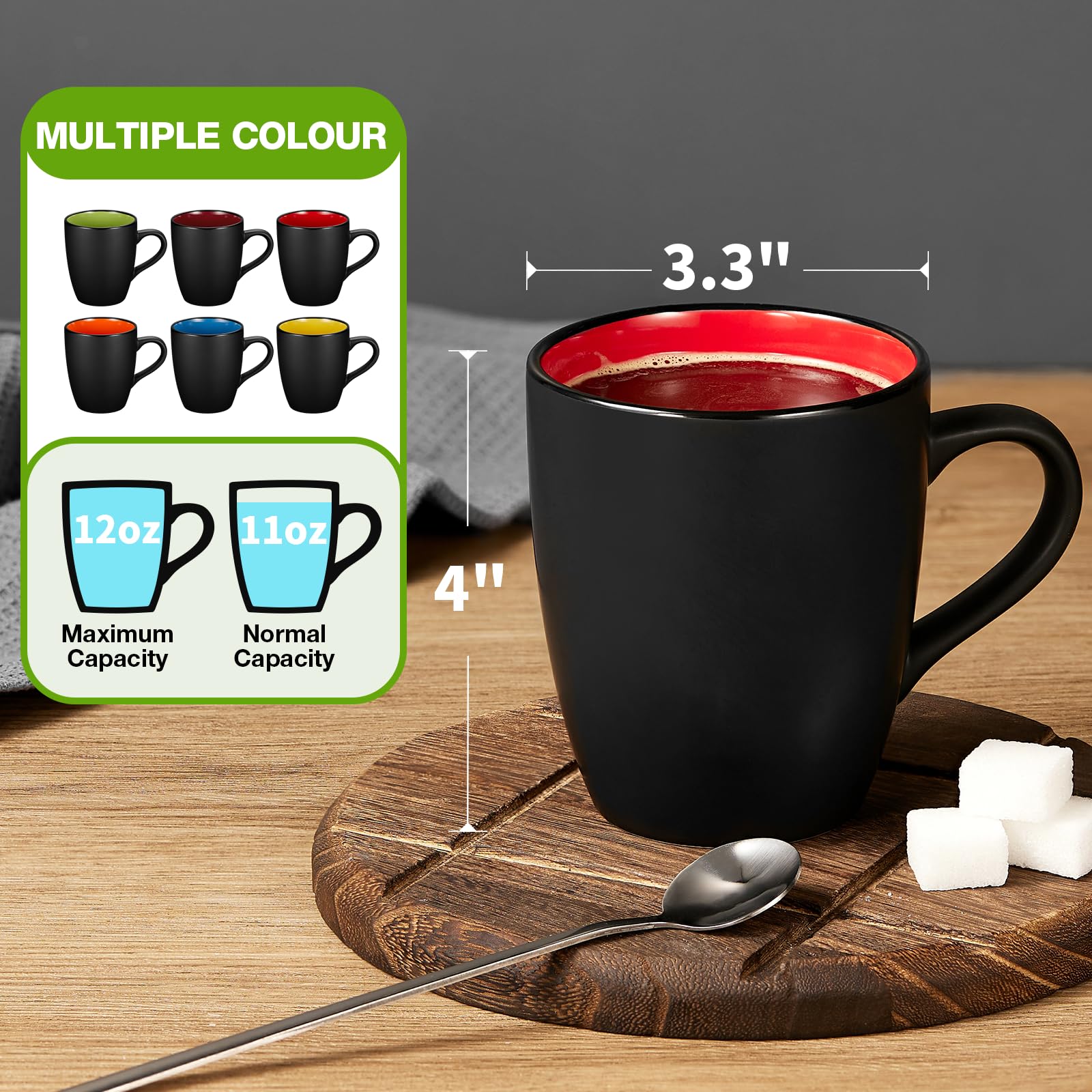 Qipecedm 6 Pack Porcelain Coffee Mugs Set, 12 Ounces Ceramic Coffee Mugs, Matte Black Coffee Mug, Restaurant Coffee Cups for Coffee, Tea, Cappuccino, Cocoa, Cereal, Black outside and Colorful inside