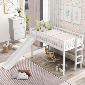 rorigat twin size low loft bed with ladder & slide,toddler loftbeds with safety rails,solid pine wood bedframe,space-saving funiture, no box spring needed,white