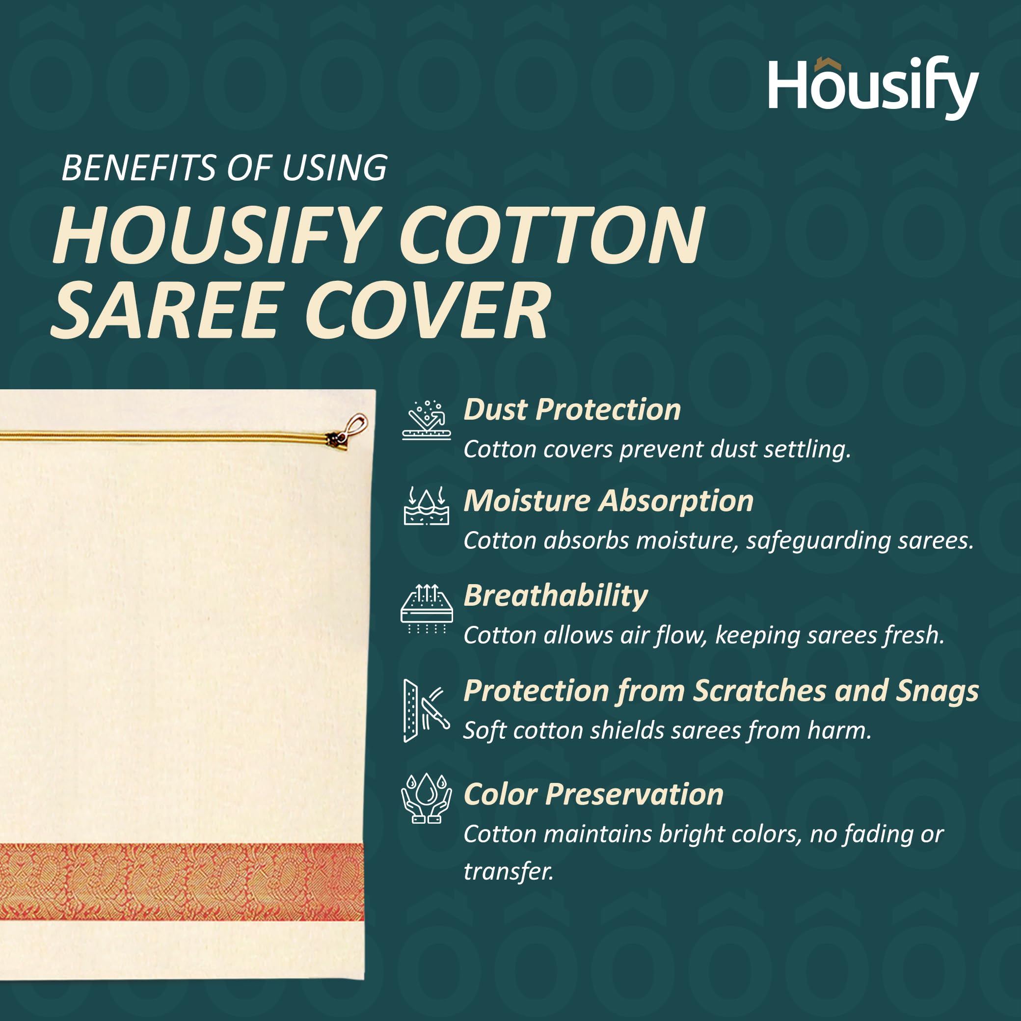 Housify Cotton Saree Covers with ZIP - Pure Cotton 20 Big Size(16.5×14.5 Inches) Single Sari Storage Bags/Cover/Pouches for Packing New Sadi - Wardrobe Organizer for Sarees/Cloths With Window