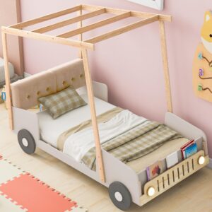 Bellemave Twin Size Race Car Bed with LED Light and Ceiling Cloth, Wood Low Platform Bed Frame with Tufted Headboard and Support Slats for Kids Boys Girls Teens, Natural