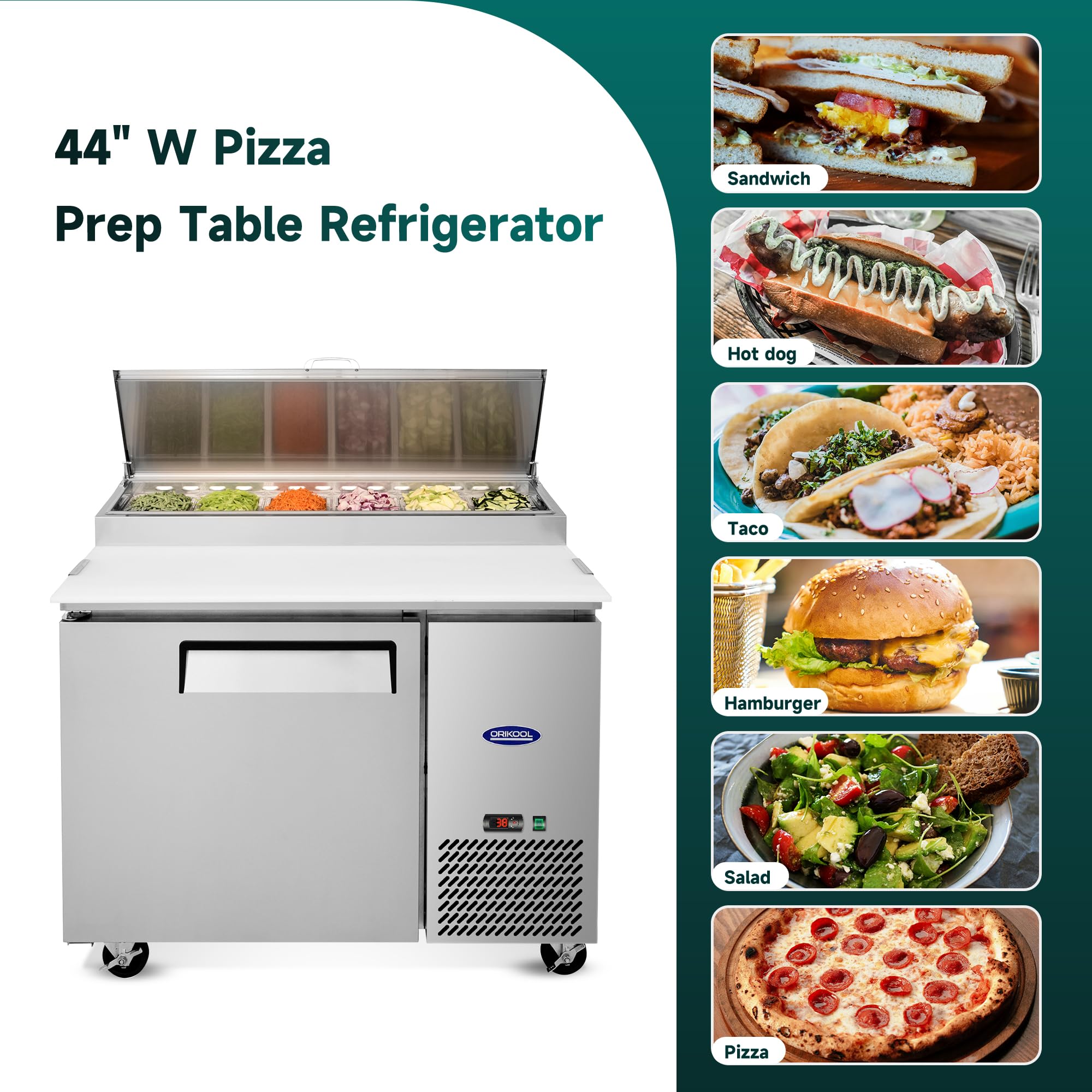 ORIKOOL 44" Commercial Pizza Prep Table, 11 Cu.ft Capacity, ETL & DOE Listed