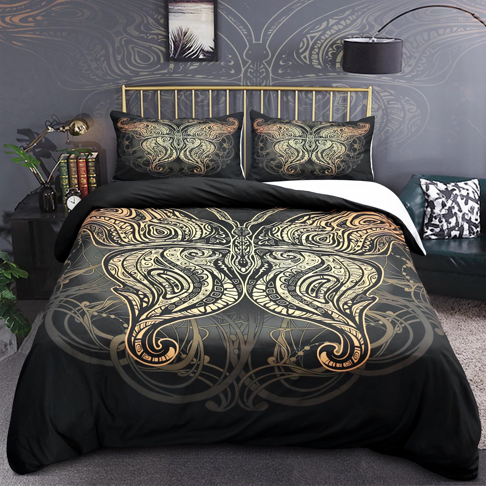 Zhh Duvet Cover Queen Bedding 3 of Set - 3D Digital Butterfly Quilt Cover with 4 Corner Belts, Soft Breathable, Black