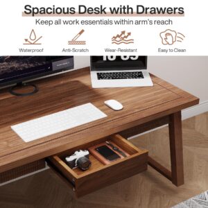 Tribesigns Home Office Executive Desk: 55 Inches Wooden Computer Desk with Drawer, Mid-Century Modern Study Writing Table, Rustic PC Laptop Desk Workstation Furniture, Walnut Brown