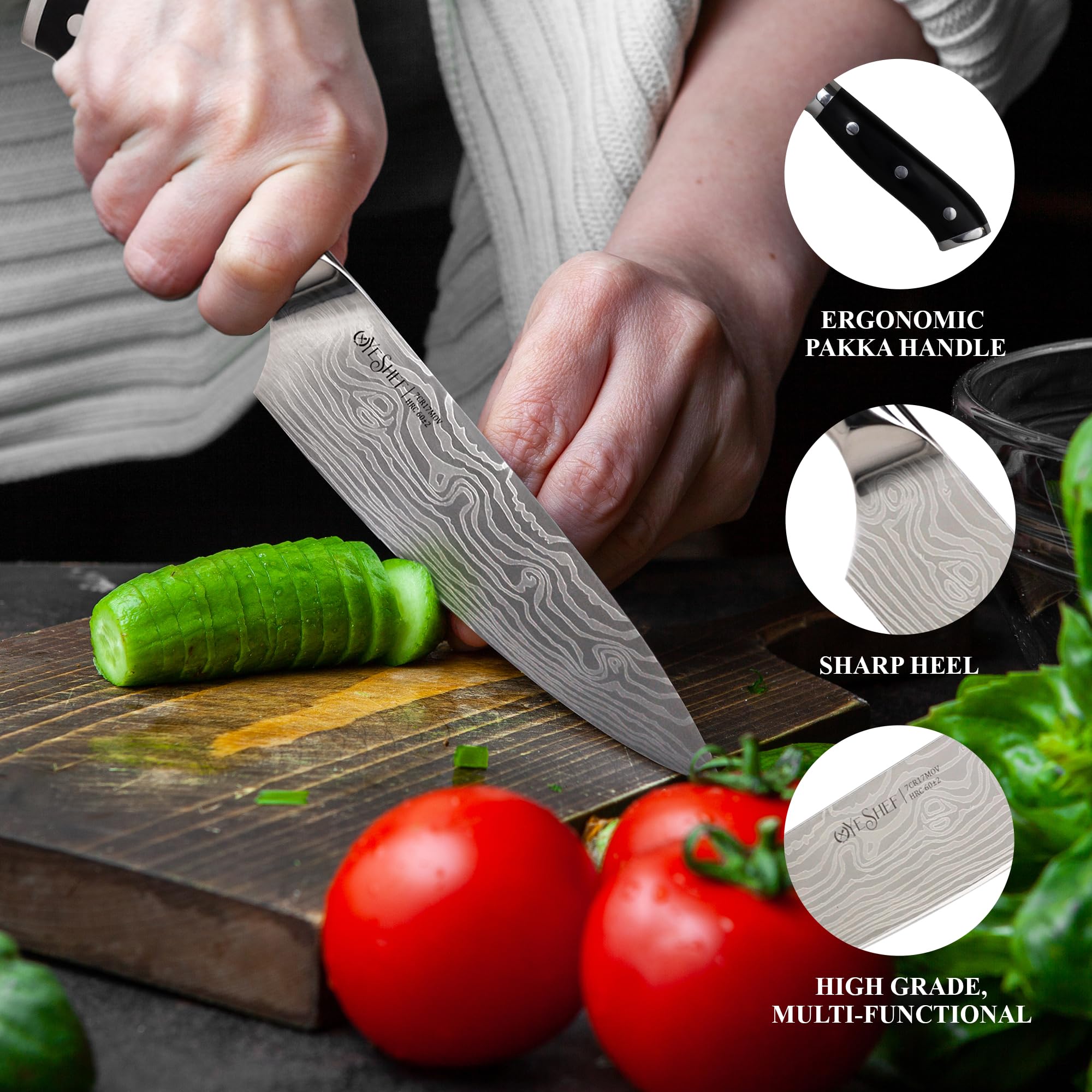 YeShef 8 Inch Japanese Chef Knife - Professional Stainless Steel Kitchen Knife, Chef's Knives with Ergonomic Handle - Strong, Sharp Edge - Tool for Cutting, Carving, Slicing - Luxury Gift Box