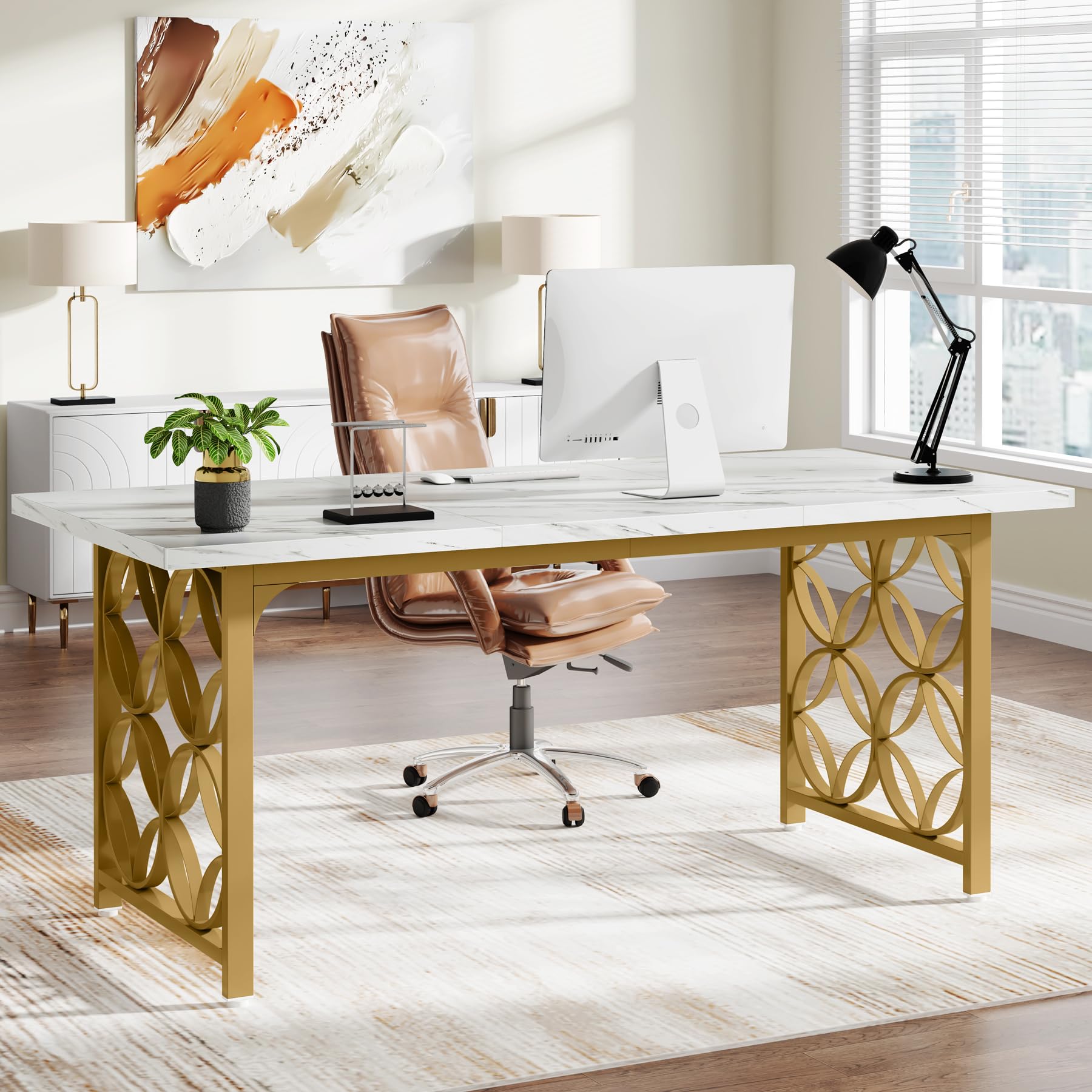 Tribesigns 63-inch Executive Desk, Modern Office Desk with Strong Metal Frame, Large Computer Writing Desk Business Furniture for Home Office (White Marble and Gold)