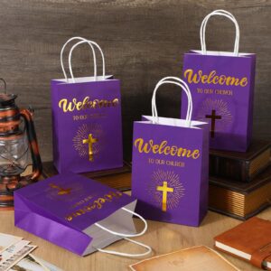 Chuangdi 50 Pcs Church Welcome Gift Bags Christmas Christian Paper Bags Welcome to Our Church Bags Religious Bags with Handles for Church Guest Baptism Birthday Church Party,5.9 x 3.15 x 8.27 Inch(Purple)