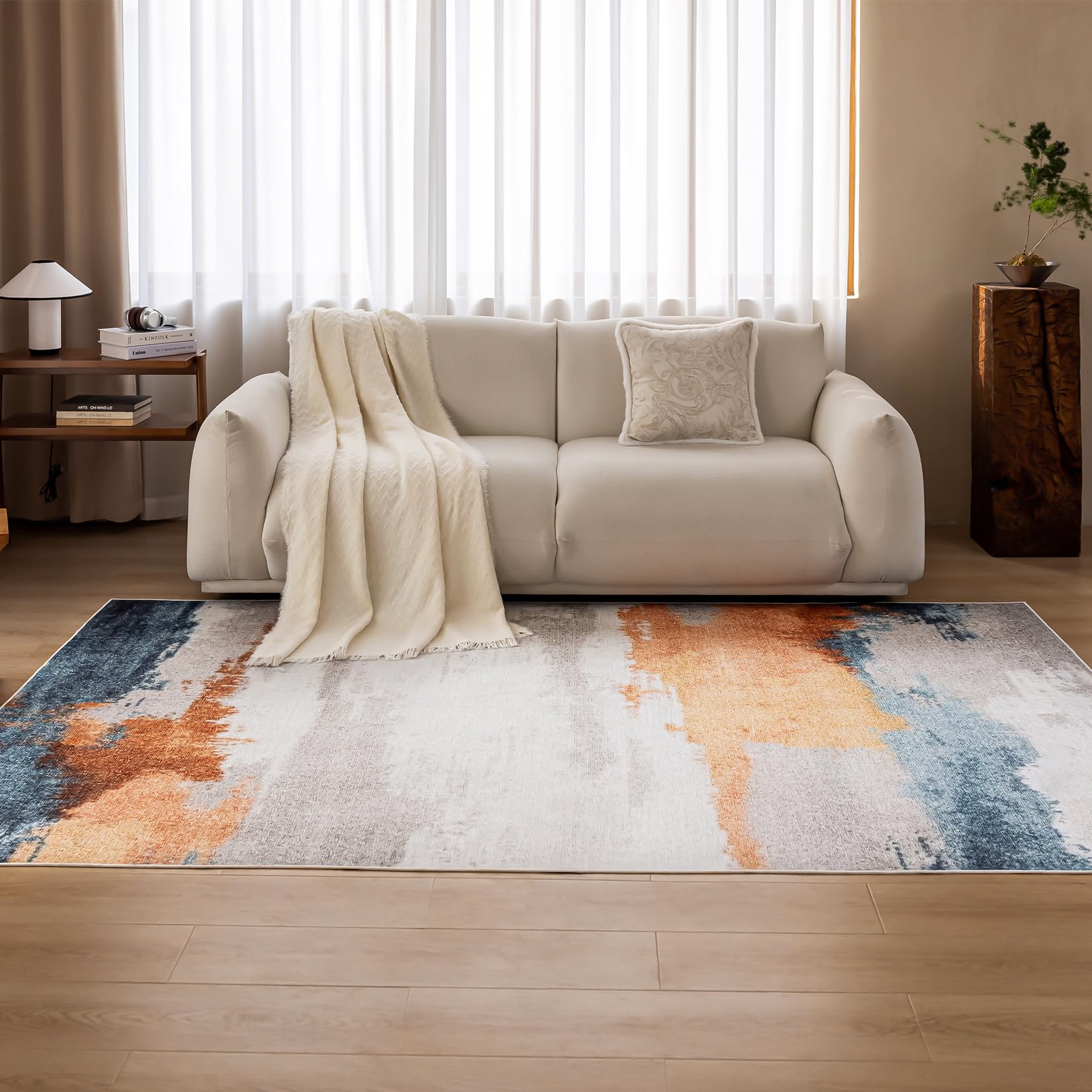 OMERAI Machine Washable Rug 5x7 Modern Abstract Area Rugs with Low-Pile Non-Shedding Foldable Area Rugs for Living Room, Stain Resistant Area Rugs for Bedroom Dining Room Rug Washable Orange Gold